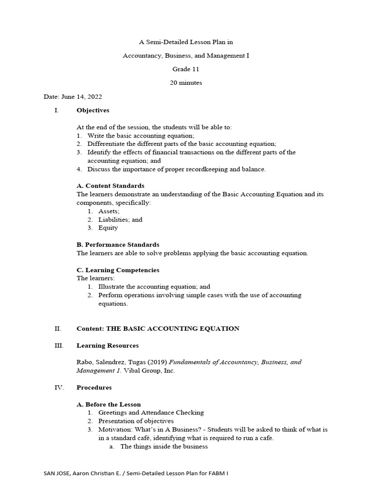Lesson Plan FABM | PDF | Learning | Lesson Plan