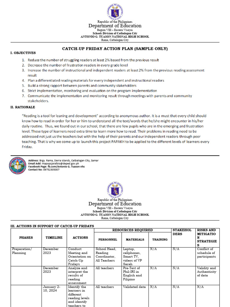 Sample Action Plan for Catch-Up Fridays | PDF | Behavior Modification | Human Communication