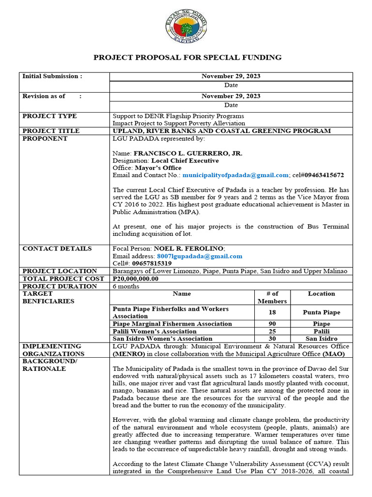 Project Proposal - LGU Padada-Coastal and Upland Greening Program-DeNR ...