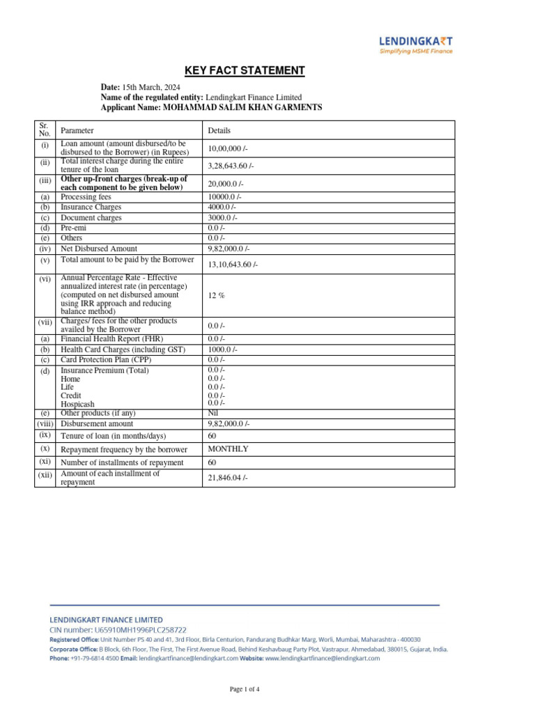 KFS - Mohammad Salim Khan Garments | PDF | Loans | Interest