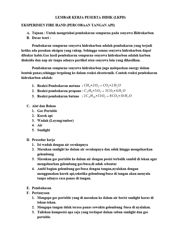 LKPD Eksperimen Fire Hand | PDF | Sains & Matematika