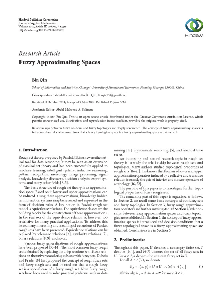 Research Article: Fuzzy Approximating Spaces | PDF | Science & Mathematics