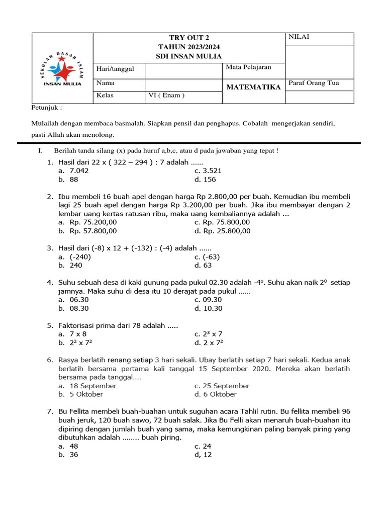 Soal Try Out Matematika 2 Th. 2024 | PDF