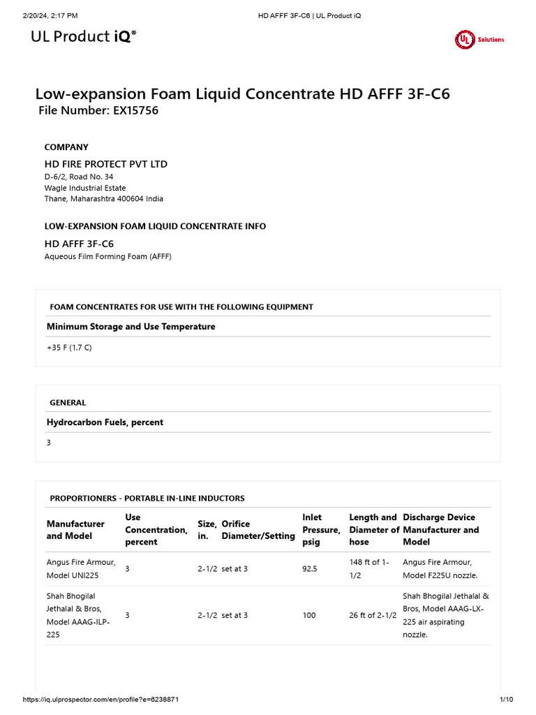 HD AFFF 3F-C6 - UL Product Iq | PDF | Nozzle | Gases