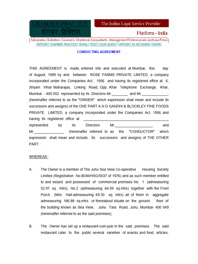 Conducting Agreement: Appoint Chamber Practice Email Post Your Query Appoint As Retainer Home ...