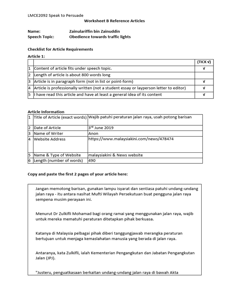 Worksheet B - Reference Articles | PDF