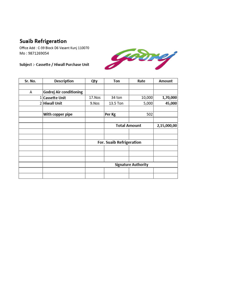 Suaib Refrigeration Unit (Quotation | PDF
