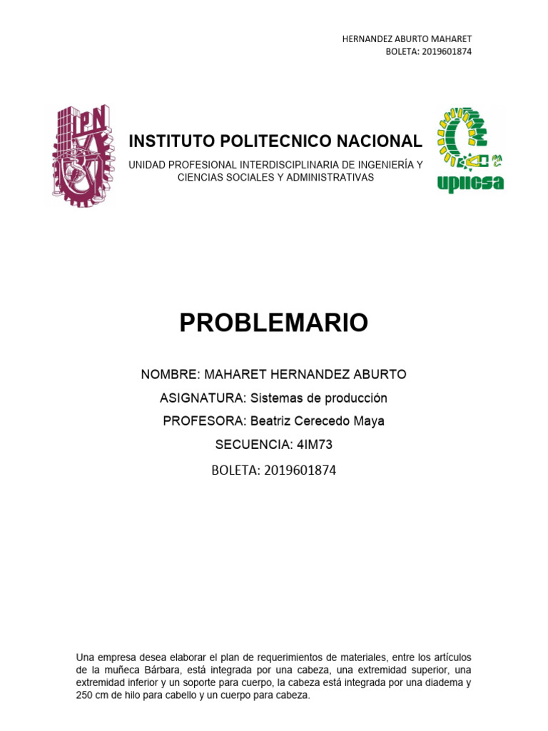 Problemario - Sistemas de Produccion | PDF