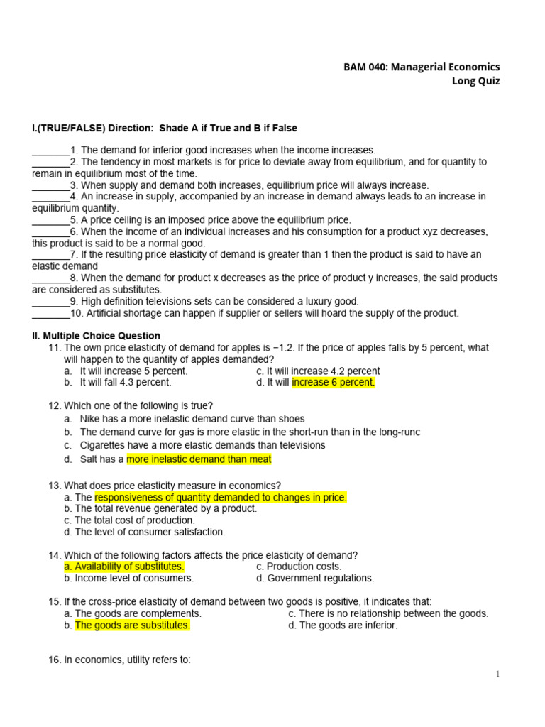 Managerial Economics Quiz | PDF | Demand | Elasticity (Economics)