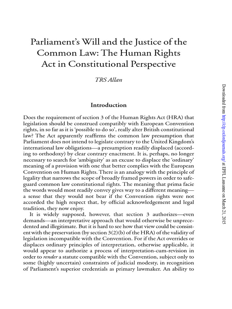 Parliament's Will and The Justice of The Common Law The Human Rights ...