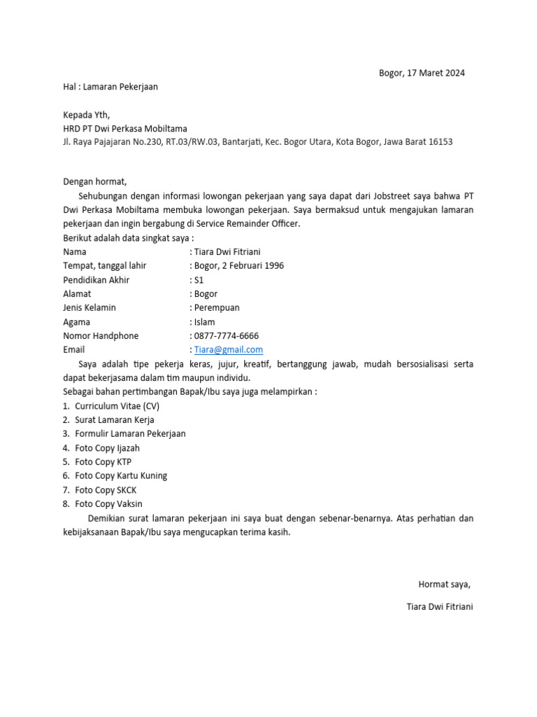 Surat Lamaran PT Dwi Perkasa Mobiltama Abl | PDF