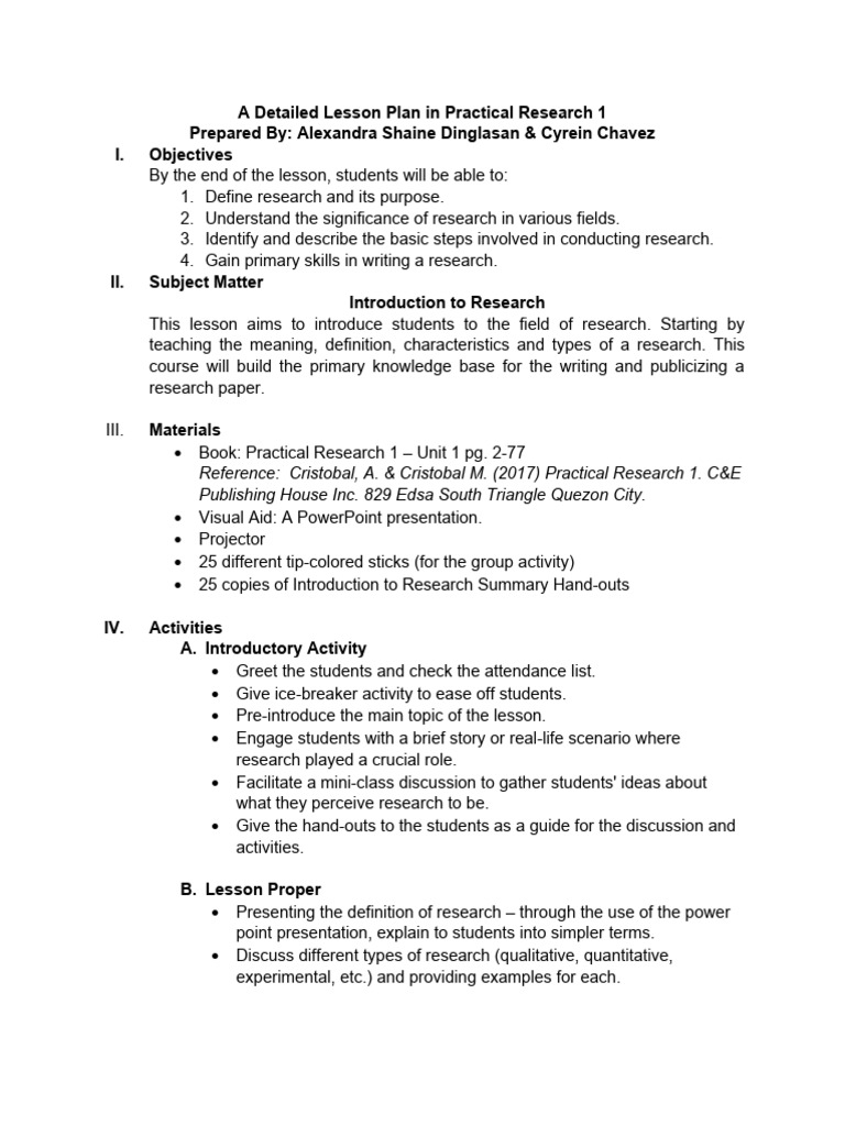 A Detailed Lesson Plan in Practical Research 1 | PDF | Methodology | Lesson Plan