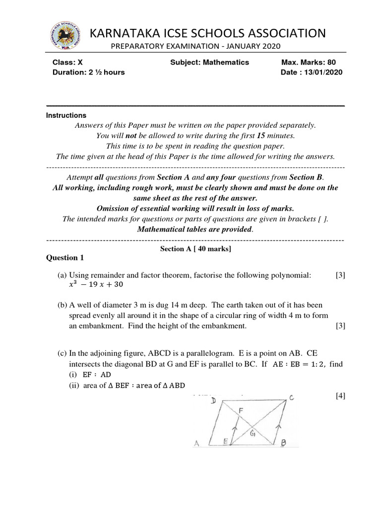 Class X Kisa Maths Preparatory Exam Question Paper Pdf Mathematics