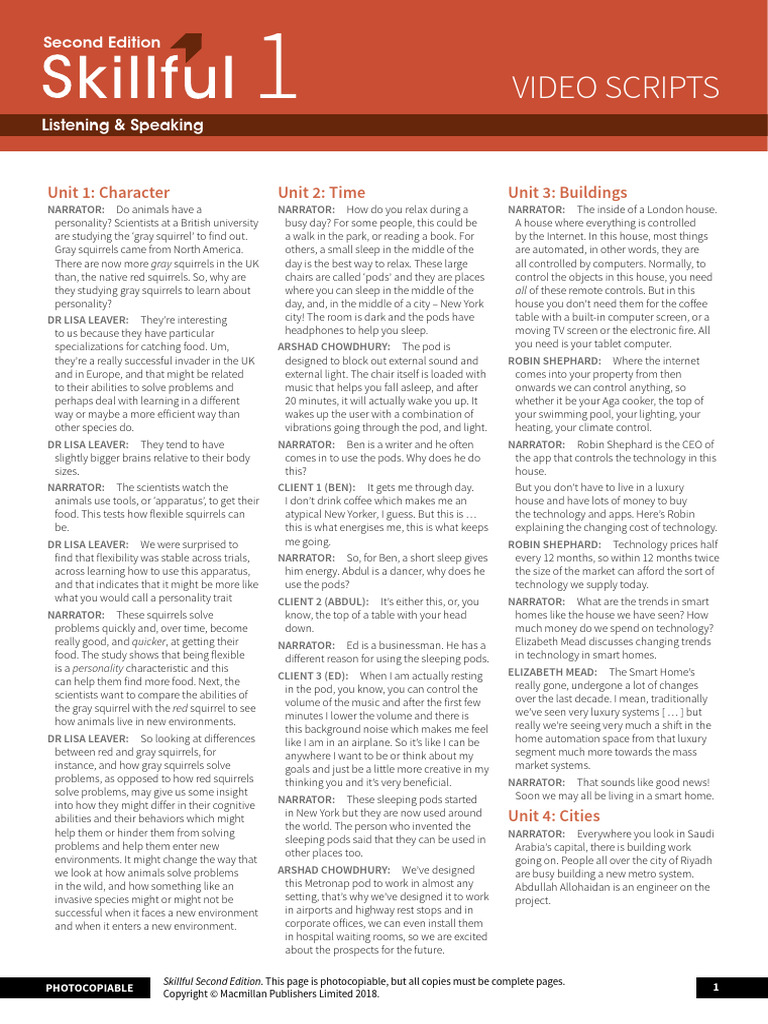 Sk2e - Listening and Speaking Level 1 - Video Scripts | Download Free PDF | Robot | Robotics