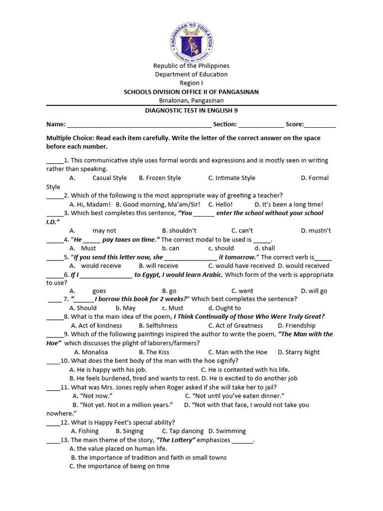 Grade 9 ENGLISH Test Questions | PDF | Poetry | Characters In Romeo And ...