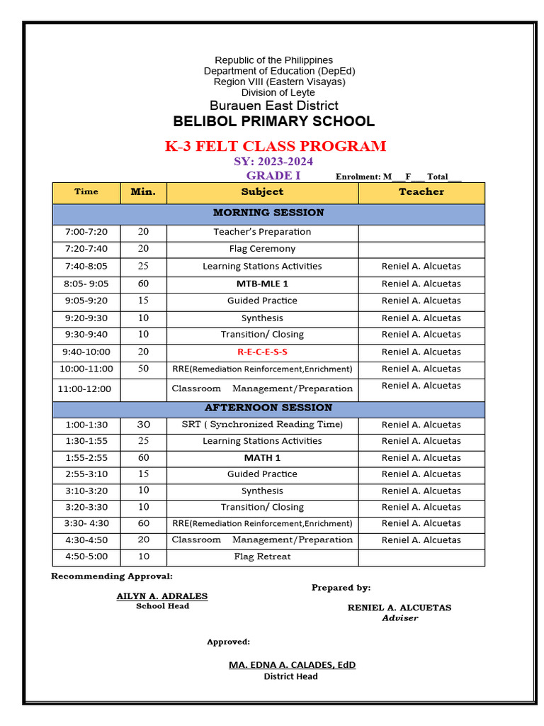 K Felt Class Program Grade 1 | PDF | Behavior Modification