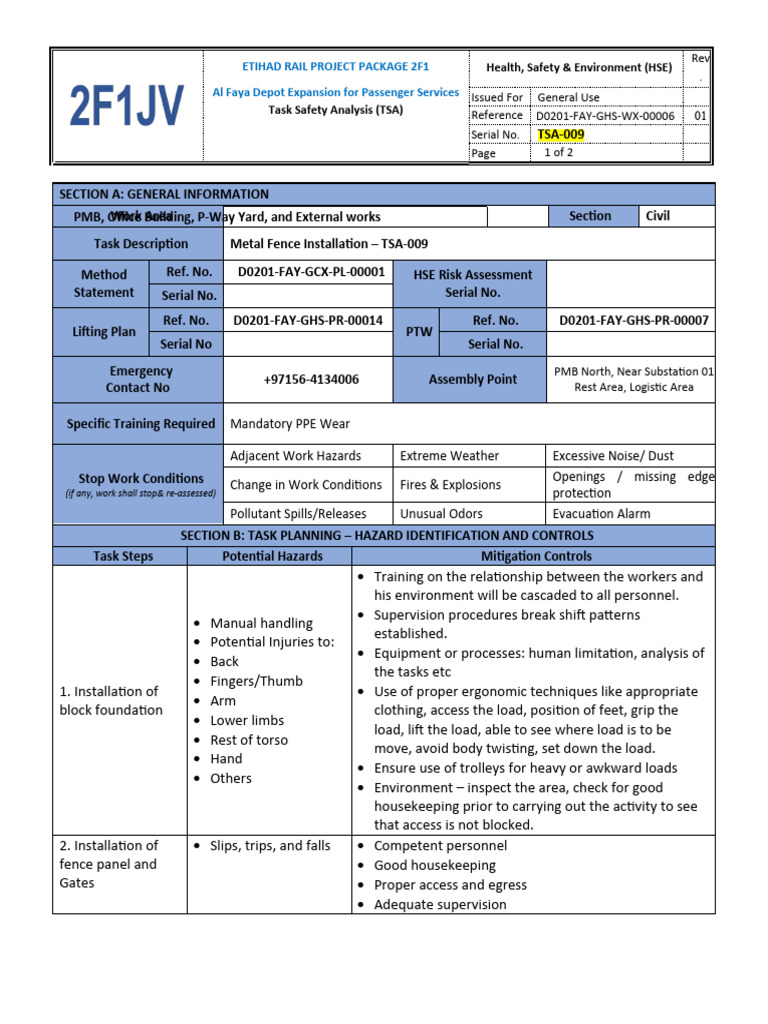 TSA-009 - Fence Installation | PDF | Occupational Safety And Health | Hazards