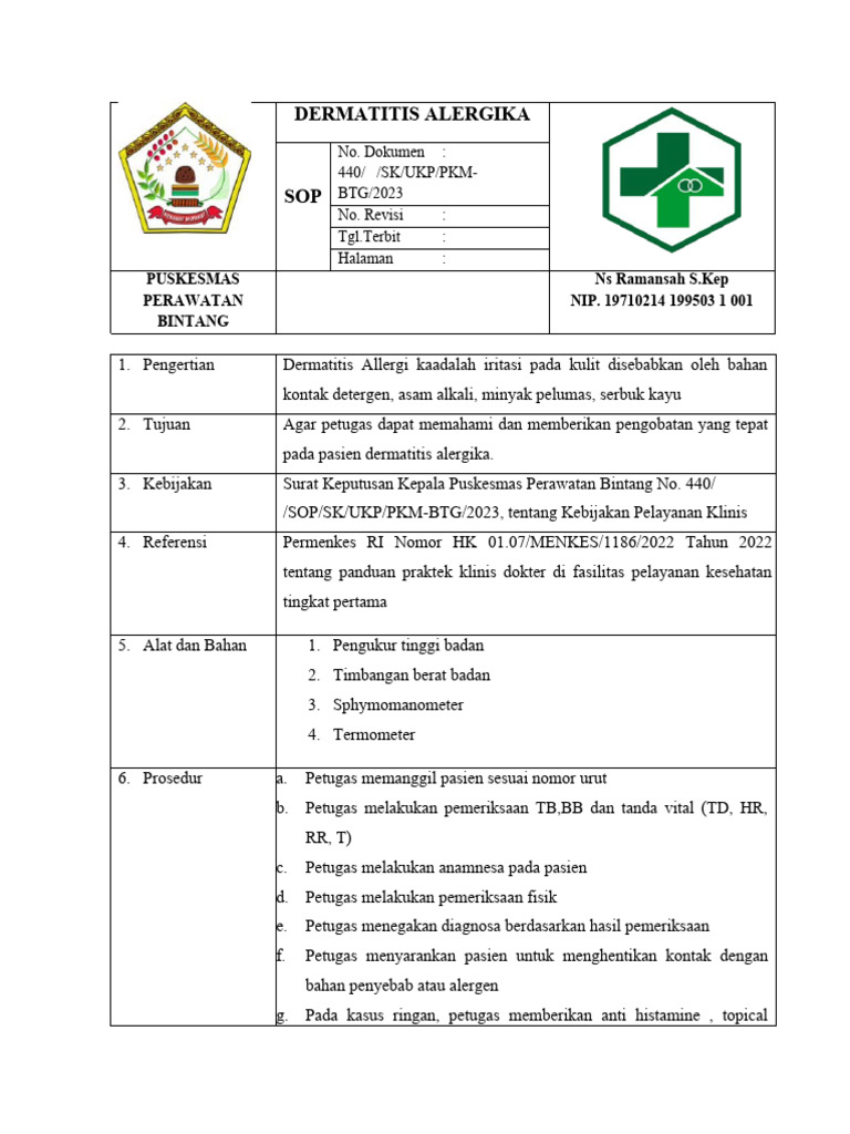 SOP Penanganan Dermatitis Alergika | PDF