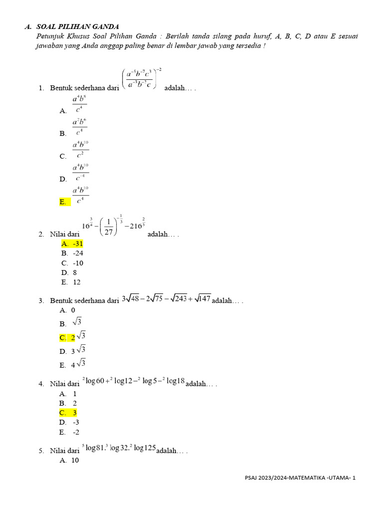 Soal Psaj 2324 Matematika Utama | PDF