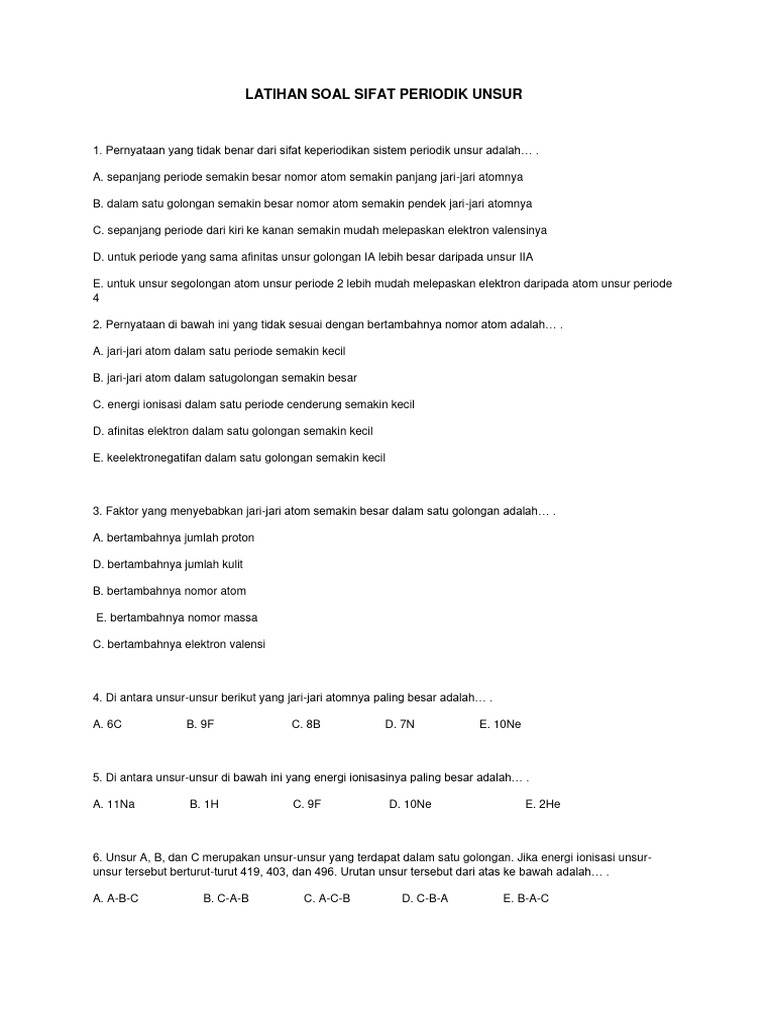 Latihan Soal Sifat Periodik Unsur | PDF | Metode & Bahan Ajar | Sains & Matematika