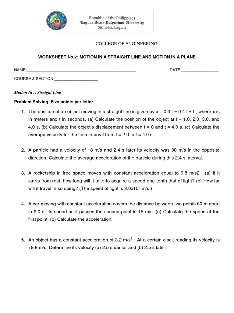 Worksheet 2 Motion in A Straight Line 1 | PDF | Speed | Acceleration