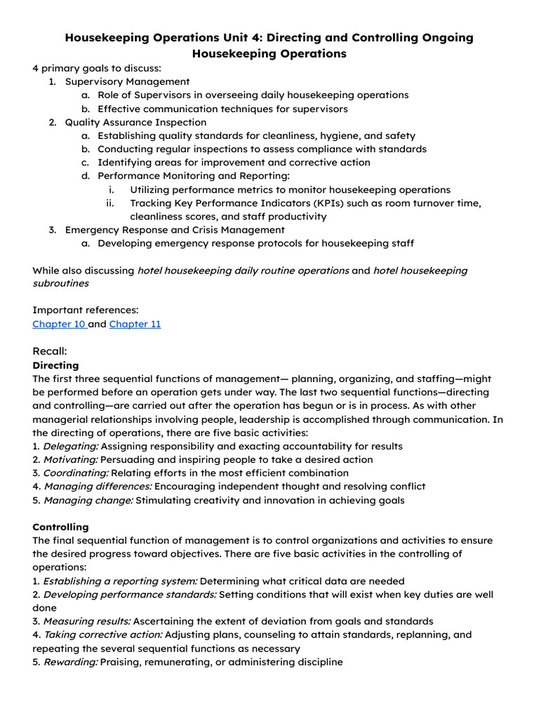 Housekeeping Operations Unit 4 | PDF | Performance Appraisal | Housekeeping