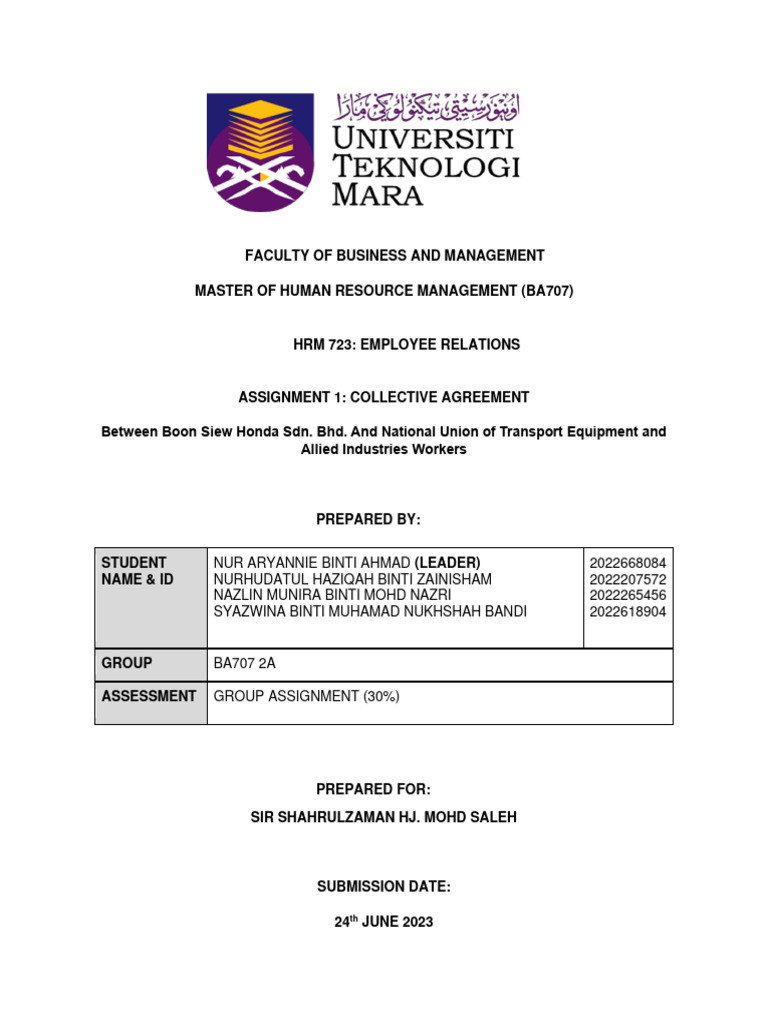 Assignment 1 Collective Agreement Group 1 | PDF | Salary | Employment
