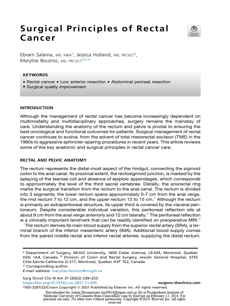 Surgical Principles of Rectal Cancer | PDF | Rectum | Medical Specialties