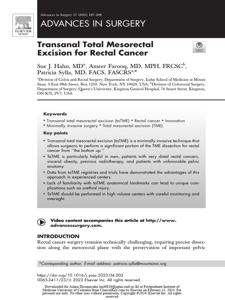Transanal Total Mesorectal Excision For Rectal Cancer Pdf