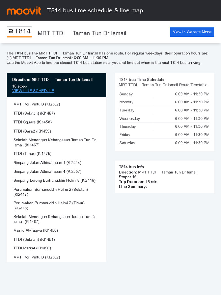 MRT TTDI Taman Tun DR Ismail: T814 Bus Time Schedule & Line Map | PDF ...