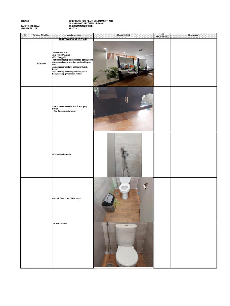 Form Checklist MK, Ceklist Pekerjaan Toilet Area Main Office Lt. 1 | PDF
