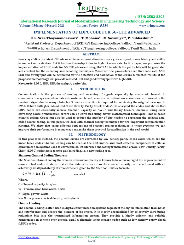 Implementation of LDPC Code For 5G-Lte Advanced: C. S. Sree Thayanandeswari, T. Mohana, M ...