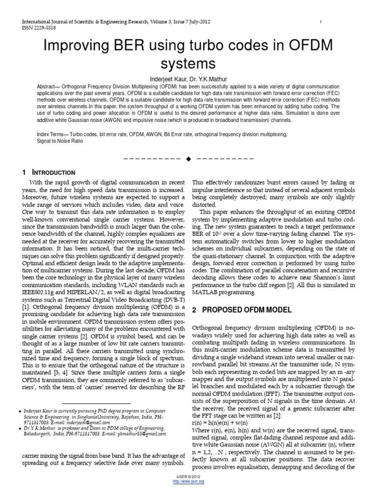 Improving Ber Using Turbo Codes in Ofdm Systems | PDF | Orthogonal Frequency Division ...
