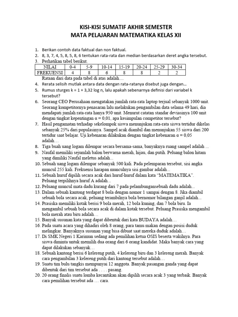 KISI-KISI SAS MATEMATIKA KELAS XII | PDF
