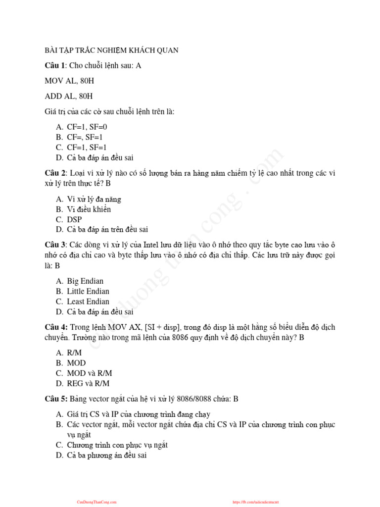 Vi-Xu-Ly - Pham-Ngoc-Nam - Bai-Tap-Trac-Nghiem-Khach-Quan - (Cuuduongthancong - Com) | PDF