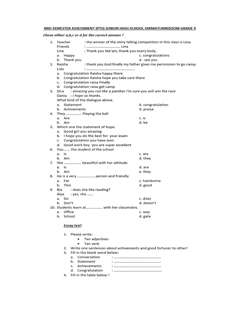 ENGLISH MIDDLE TEST Grade 9 | PDF