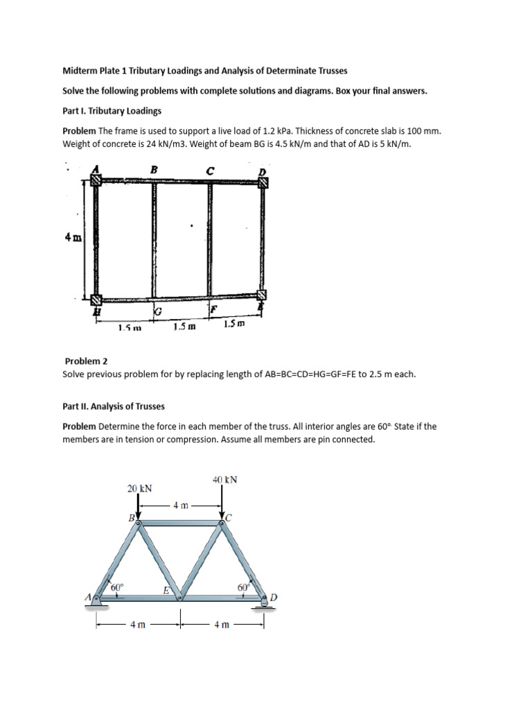 Midterm Plate 1 Tributary Loadings and Analysis of Determinate Trusses | PDF