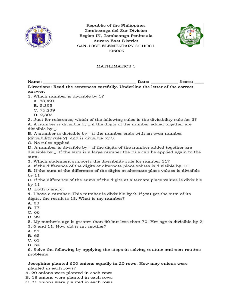 Diagnostic- Math 5 | PDF | Volume | Mathematics