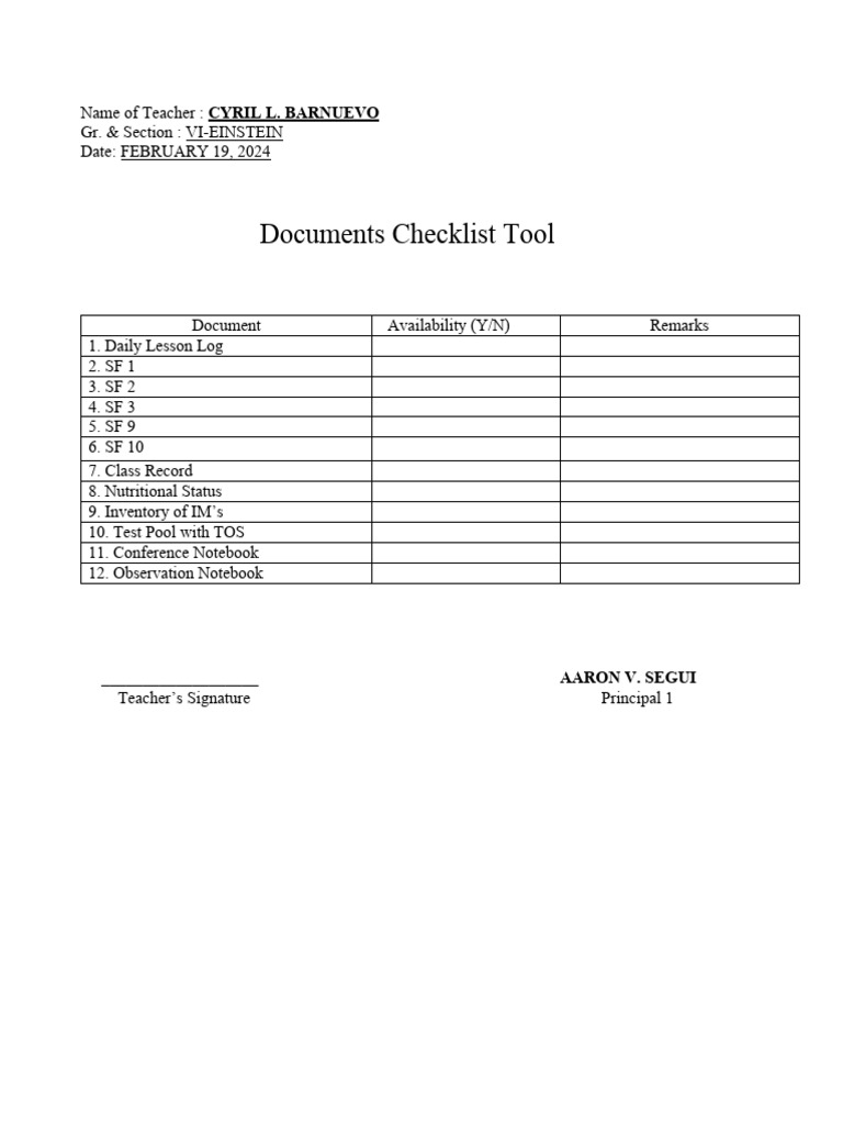Documents Checklist Tool | PDF