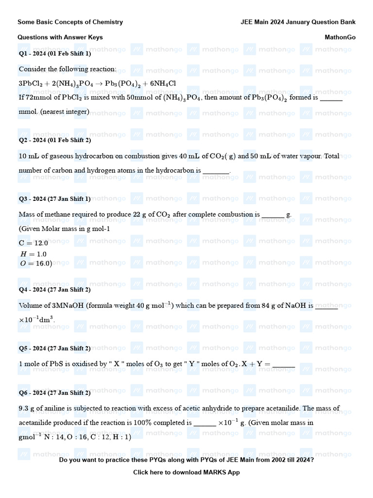 Some Basic Concepts of Chemistry - JEE Main 2024 January Question Bank - MathonGo | PDF | Mole ...