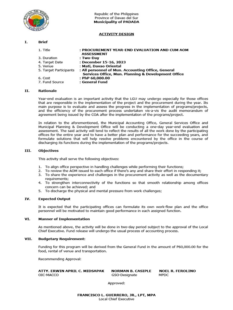 Activity Design-Mpdo-Macco, Gso Year End Evaluation | PDF | Evaluation ...