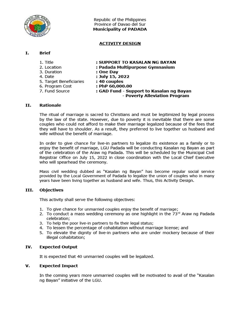 Activity Design-Kasalan NG Bayan 2022 Araw NG Padada | PDF | Marriage | Cohabitation