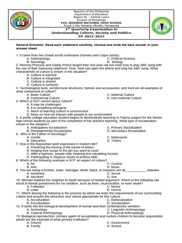 1st EXAM UCSP | PDF | Socialization | Anthropology