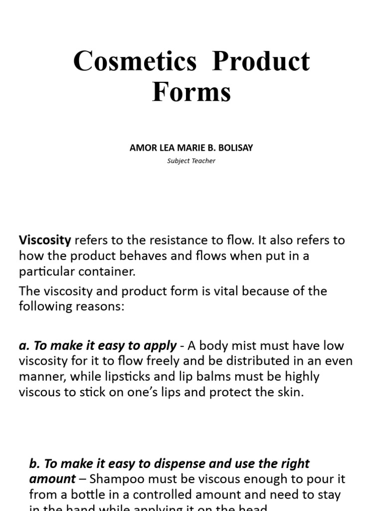 Cosmetic Product Forms & Viscosity | PDF | Emulsion | Cosmetics