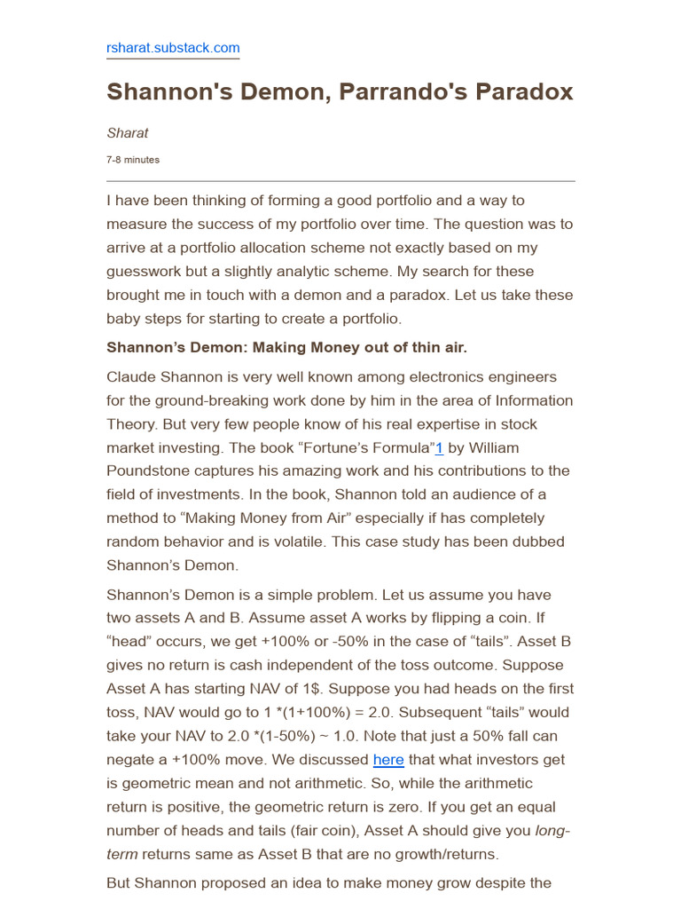 Shannon's Demon, Parrando's Paradox | PDF | Efficient Market Hypothesis | Investing