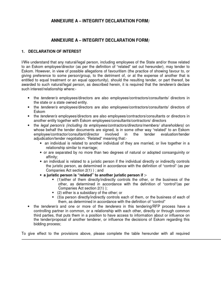 Integrity Pact Declaration Form - ANNEXURE A | PDF | Procurement ...
