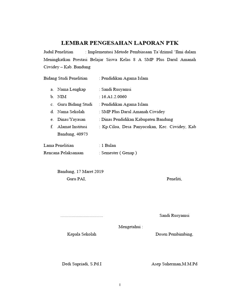 Lembar Pengesahan Proposal PTK | PDF