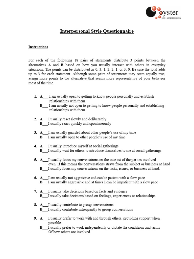 Interpersonal Style Questionare | Download Free PDF | Cognition ...