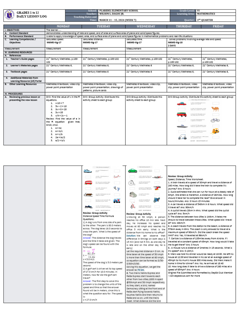 DLL - Mathematics 6 - Q3 - W7 | PDF | Speed | Time DLL - Mathematics 6 - Q3 - W7 | PDF | Speed | Time