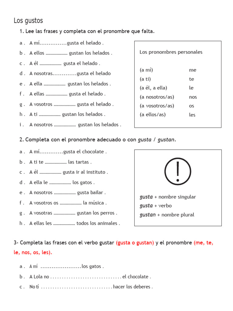 Ejercicios de pronombres y verbo gustar | PDF | Morfología Lingüística ...
